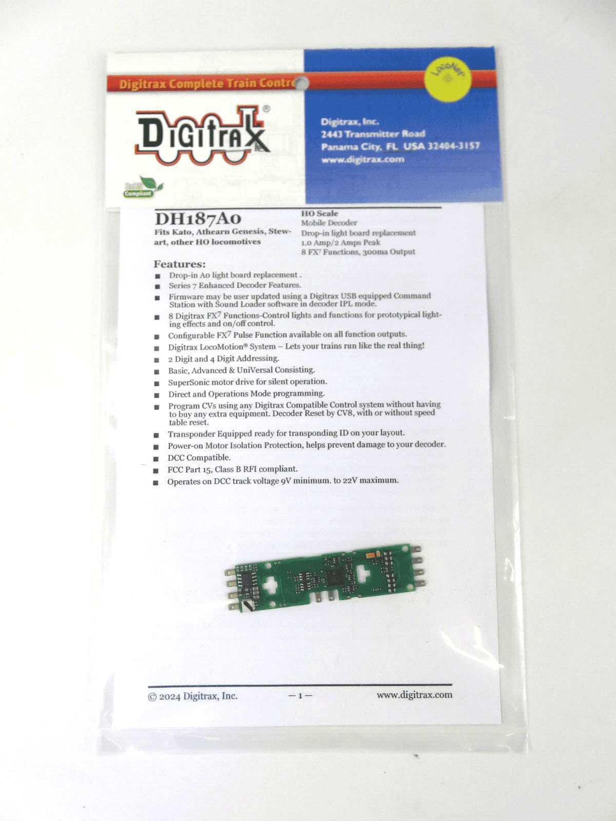Digitrax DH187A0 HO Scale Drop-in Board Type DCC Decoder Kato Athearn ...